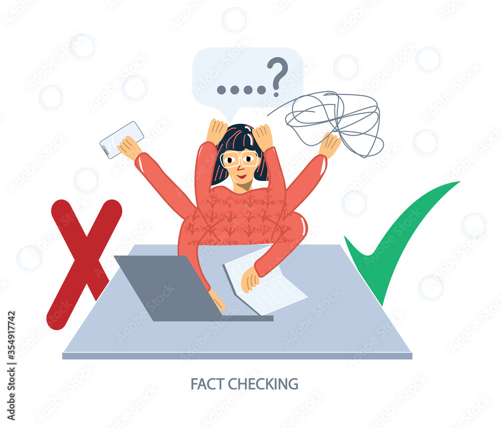 Girl fact-checking information. Multitasking woman. Myths and facts ...