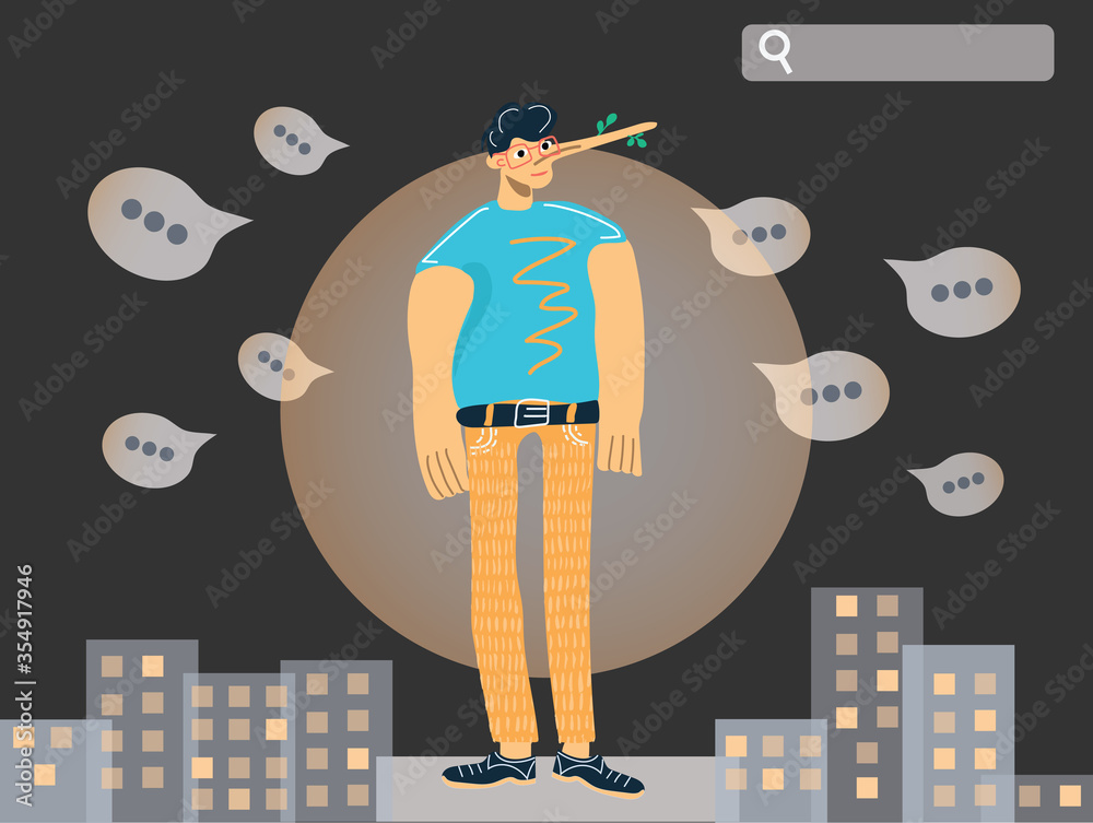 Man with long nose, Pinocchio stands in the night city with big moon ...