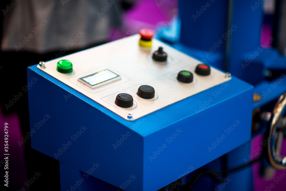 The red emergency button or stop button for Hand press. STOP Button for ...