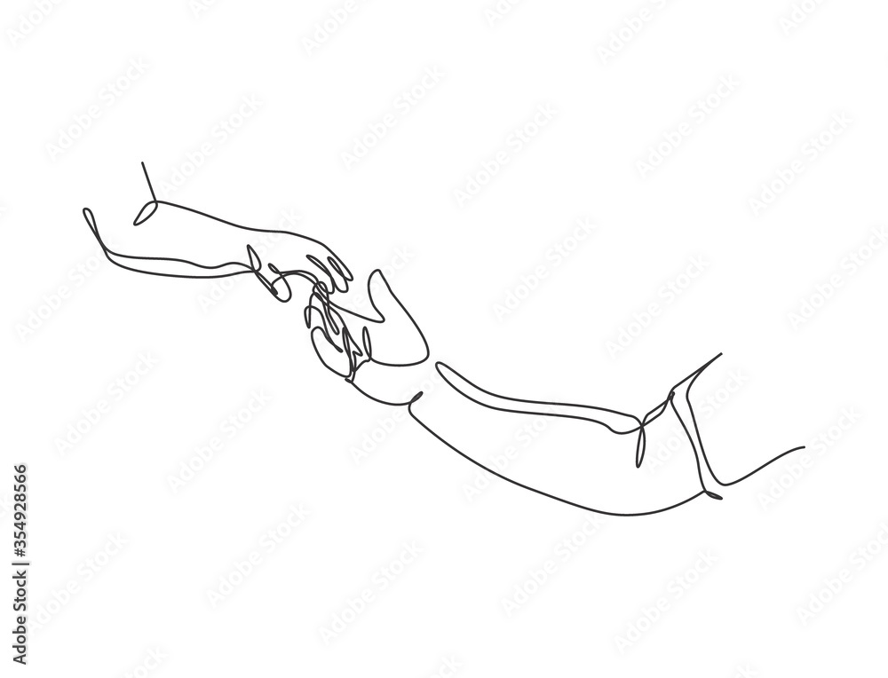 One line drawing of father giving hand to his child. Parenting ...