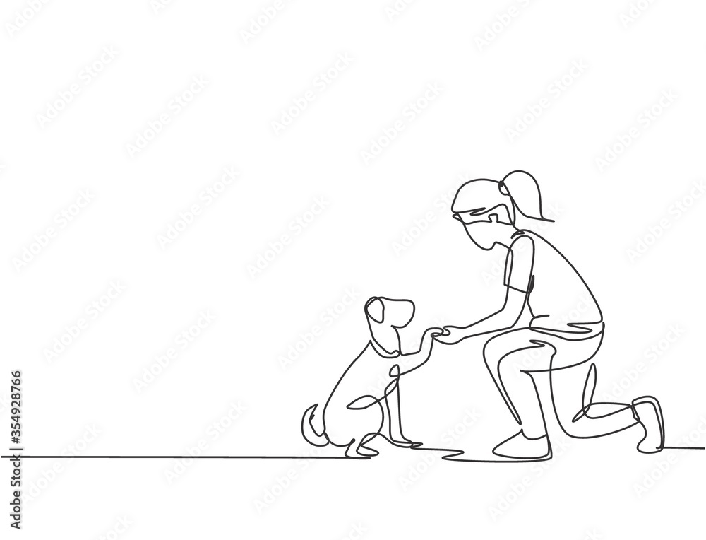 One line drawing of young happy girl handshaking her cute dog ...