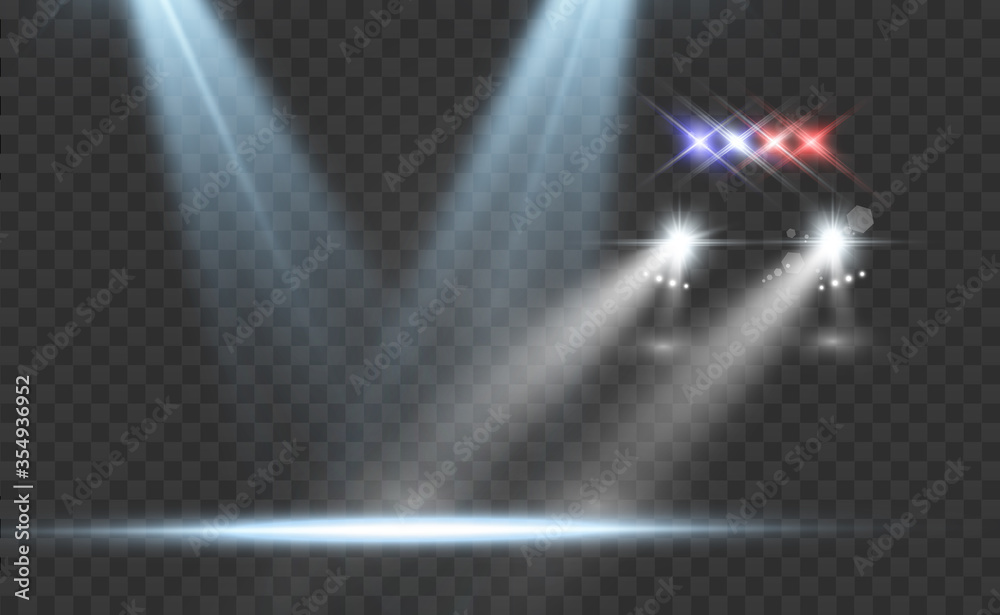 Realistic white glow round beams of car headlights, isolated on ...