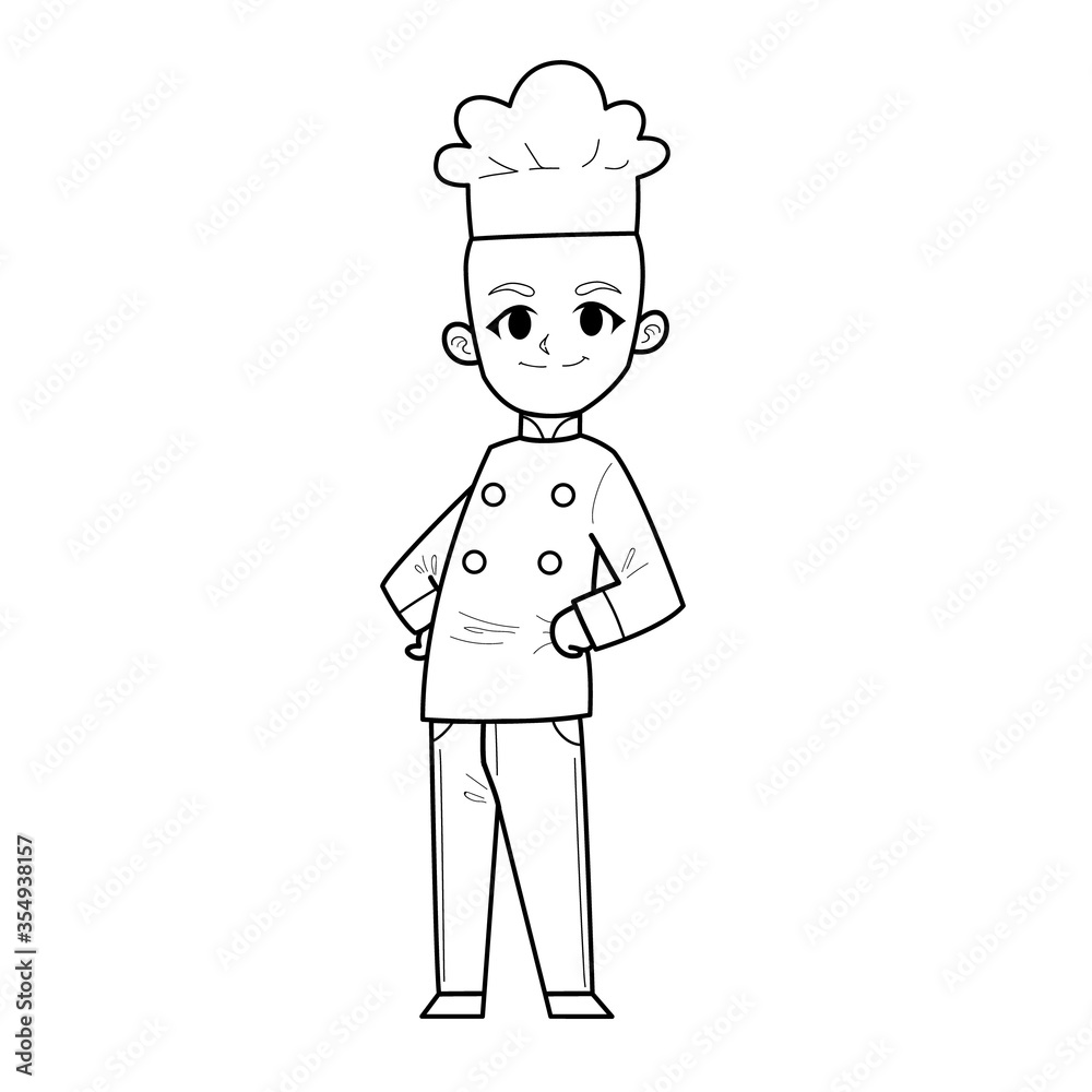 Cute Hand Drawn Outline or Line Drawing of Smiling Happy Young Man Chef ...