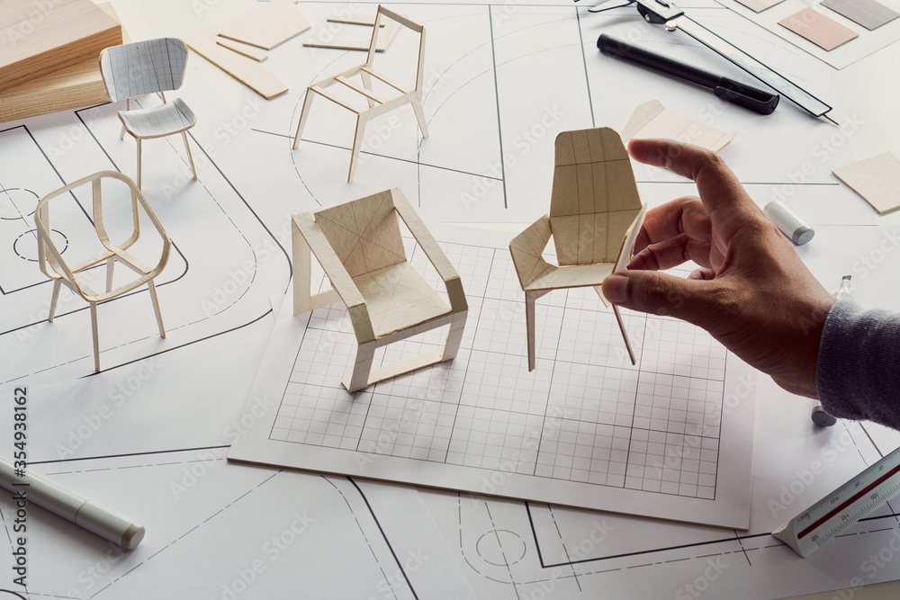 Designer sketching drawing design development product plan draft chair ...