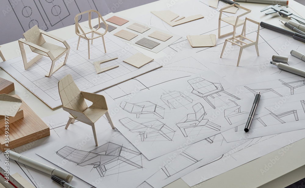 Designer sketching drawing design development product plan draft chair ...