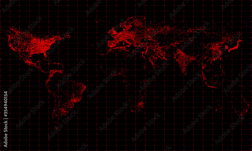 The red world map shows a virus or danger epidemic. The gridlines and ...