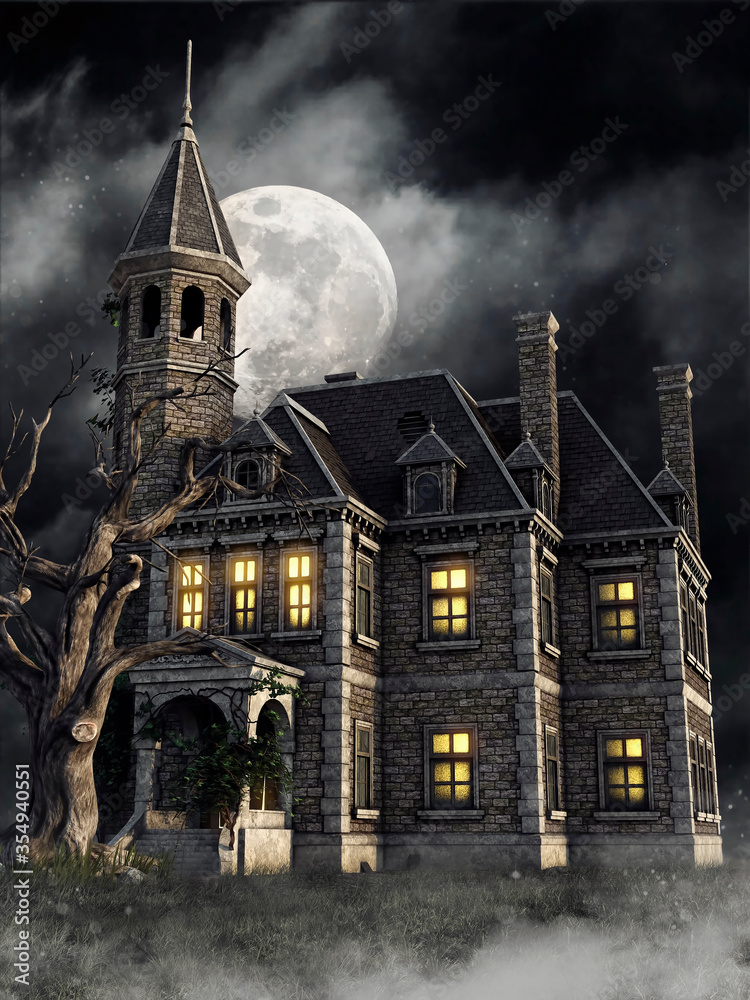 Gothic mansion with an old tree and ivy on the porch at night, with the ...