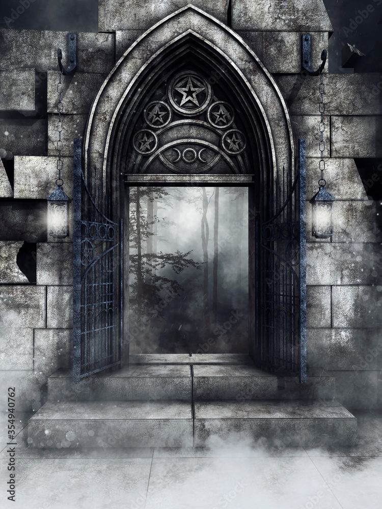 Dark scene with a gothic gate with star and moon symbols and with ...