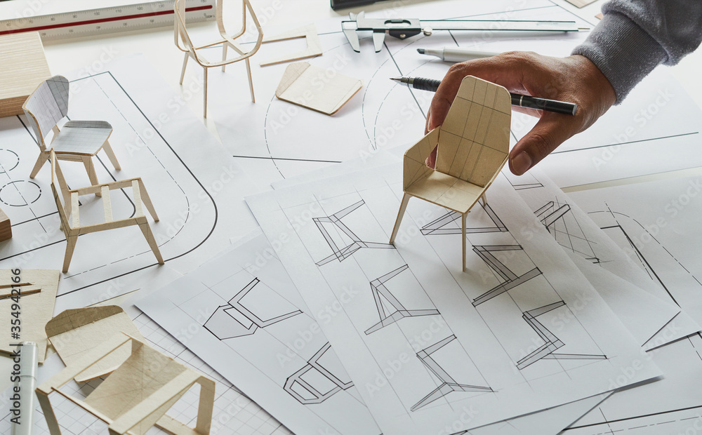 Designer sketching drawing design development product plan draft chair ...