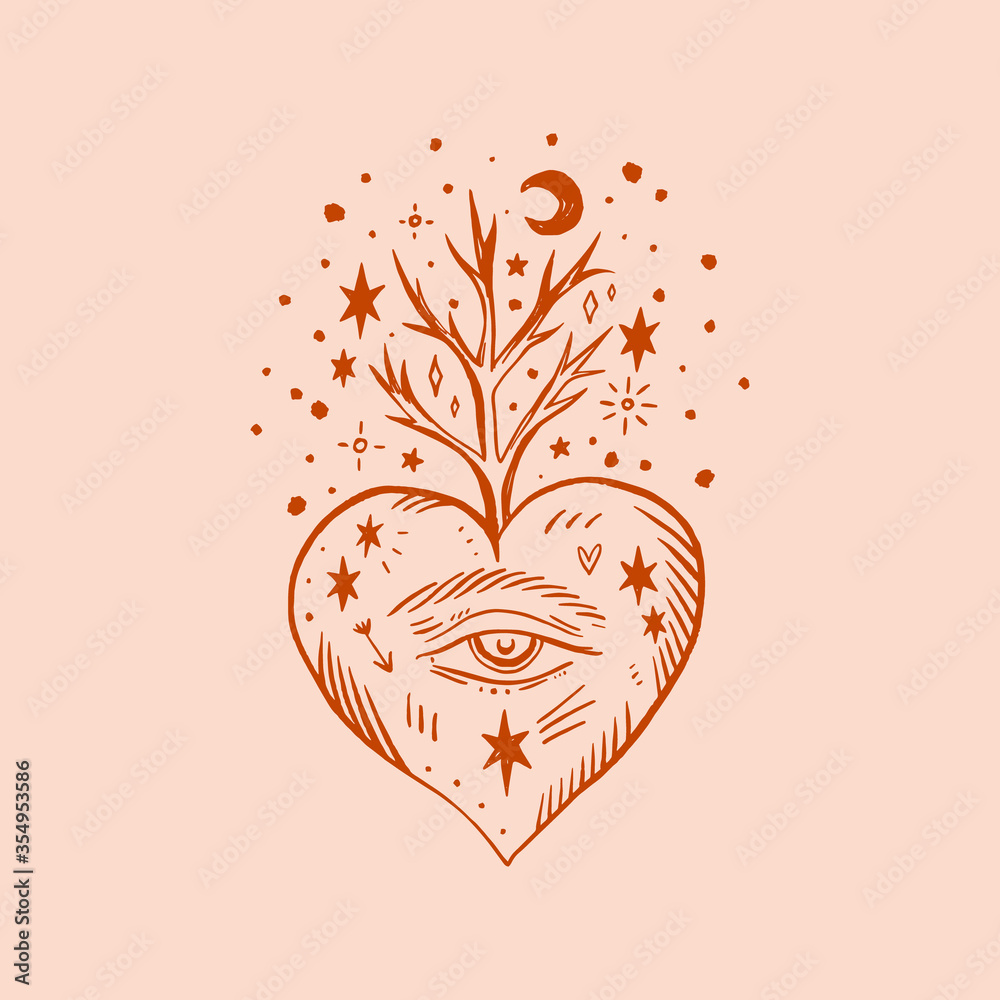 Hippie floral heart moonchild freedom and love art. Modern boho concept ...