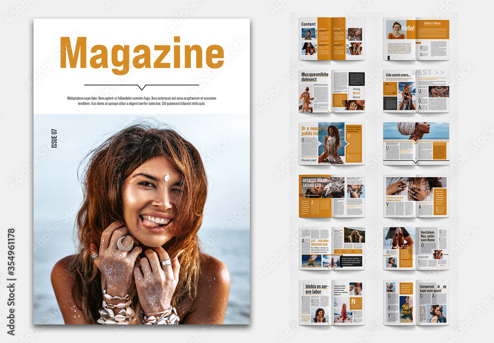 Magazine Layout with Orange Accents Stock Template | Adobe Stock