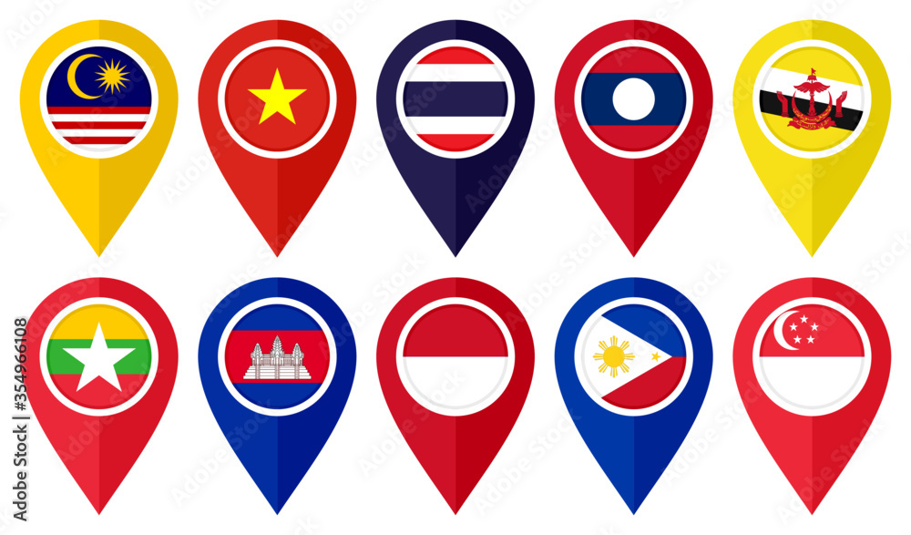 aec members. flat map marker icon set with malaysia, vietnam, thailand ...