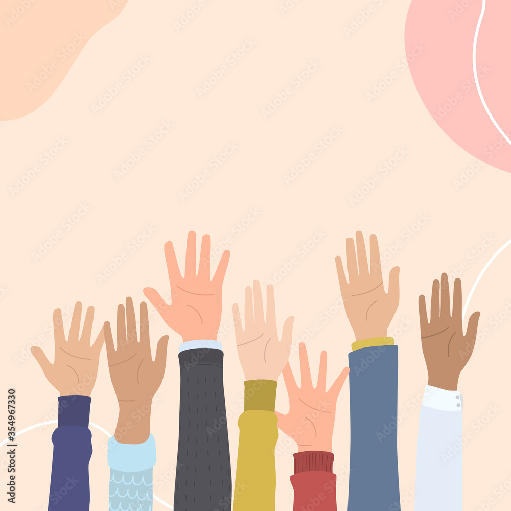 Social diversity concept, Hands up, People raising hands in the air ...
