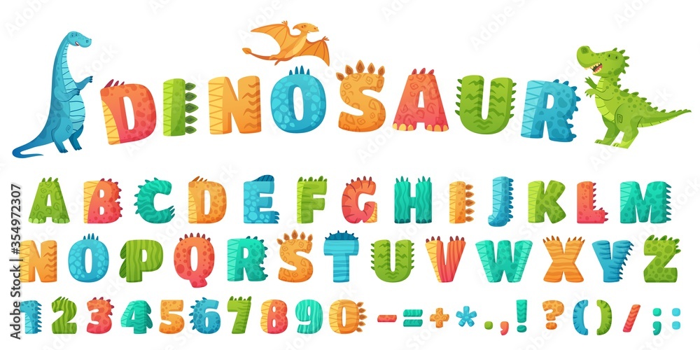 Cartoon dino font. Dinosaur alphabet letters and numbers, funny dinos ...