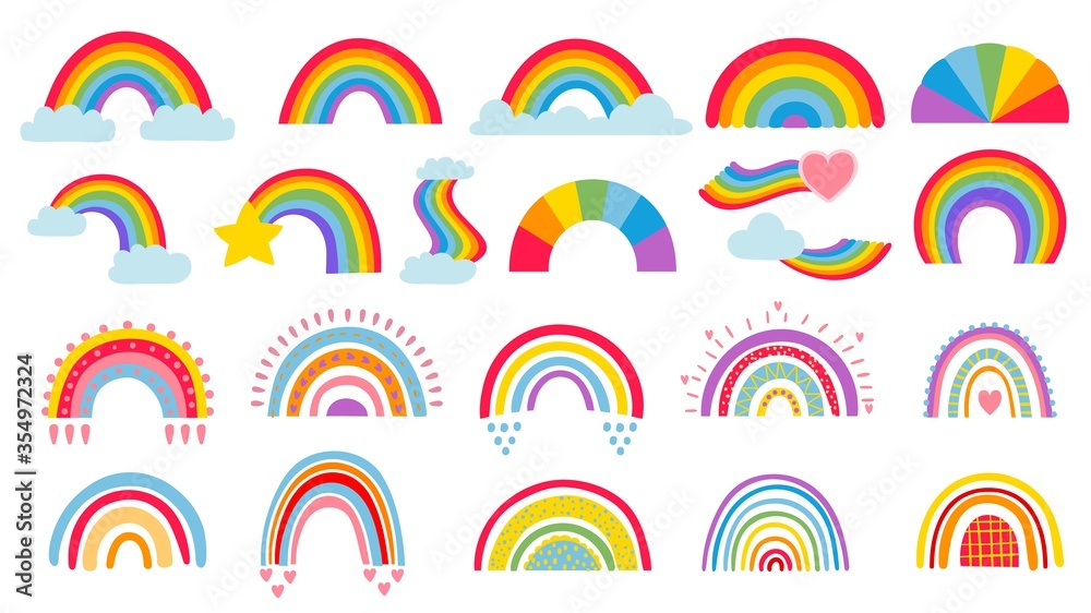Cartoon rainbow. Colourful rainbows, heart and cloud with rainbow ...