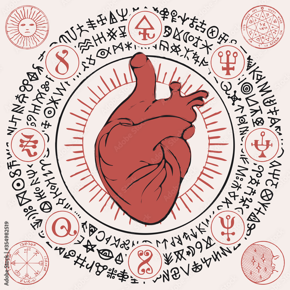 Red human heart in the framing of scribbles imitating ancient ...