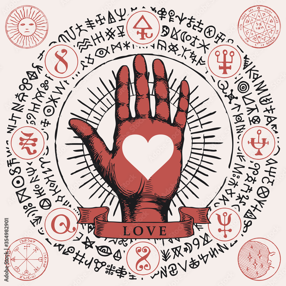 A red open hand and a heart inside in the framing of scribbles ...