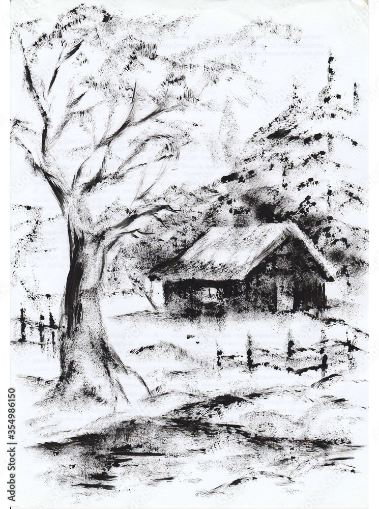 Drawing of architectural structures of the old village executed from ...