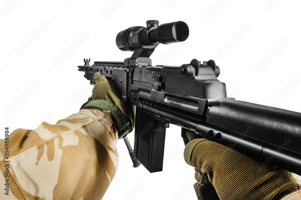 Isolated first person view soldier hands in desert camouflage uniform ...