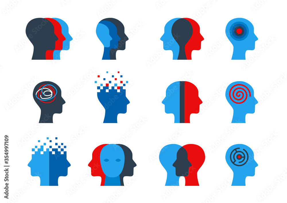 Set of human head with brain process, people thinking, mental health or ...