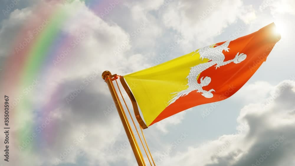 Flag of Bhutan Waving in the wind, Cloudy and Rainbow Background, Slow ...
