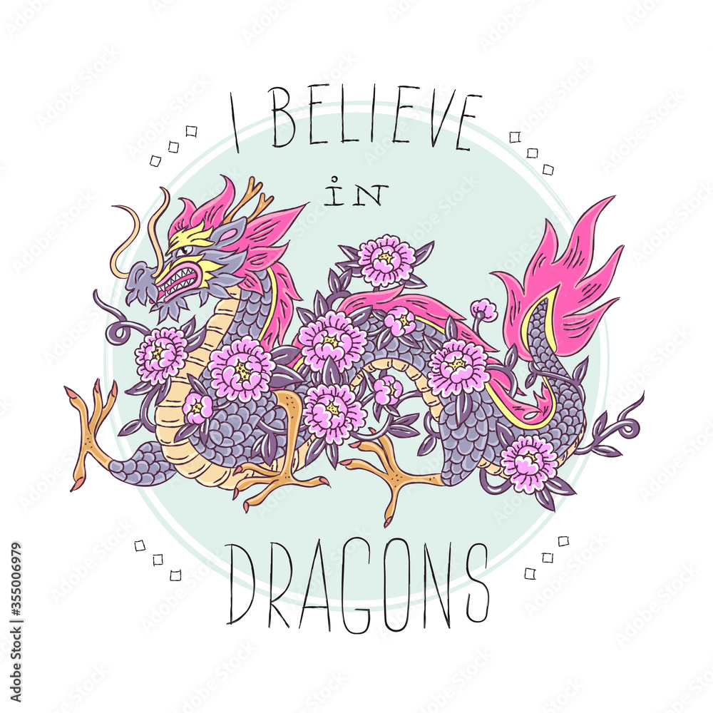 Vector illustration of japanese dragon. Typography slogan with colorful ...