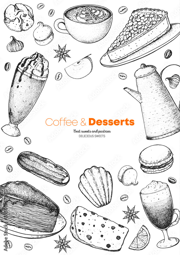 Coffee shop menu design. Hand drawn sketch illustration. Coffee, tea ...