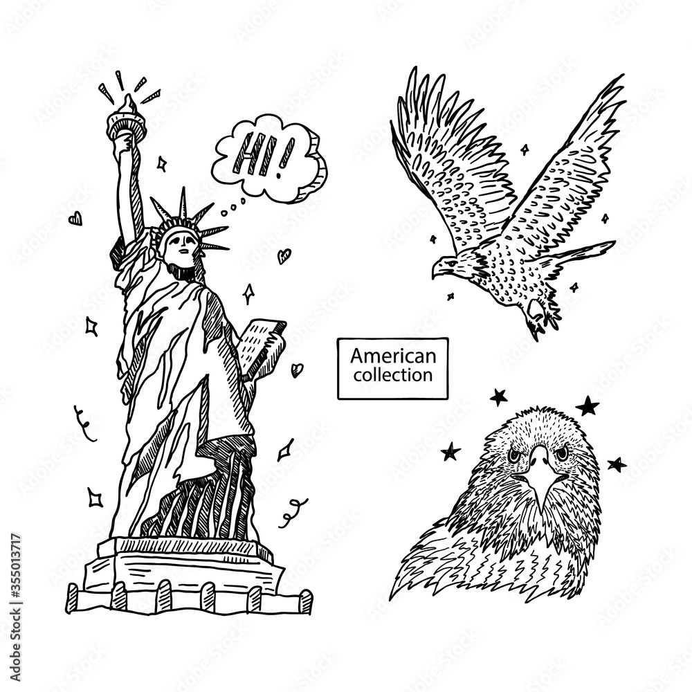 Vector illustration with the Statue of Liberty and an eagle. Collection ...