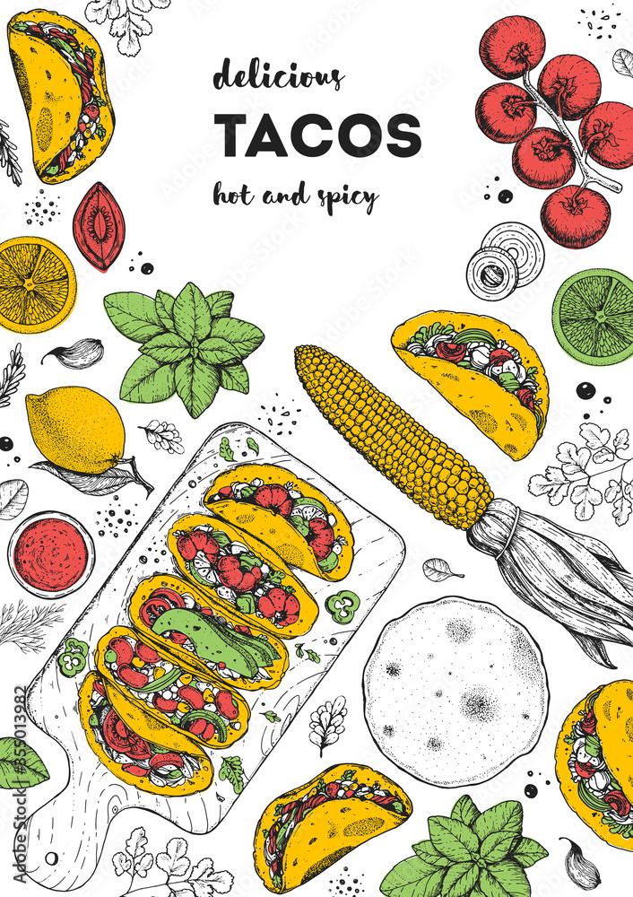 Tacos cooking and ingredients for tacos, sketch illustration. Mexican ...