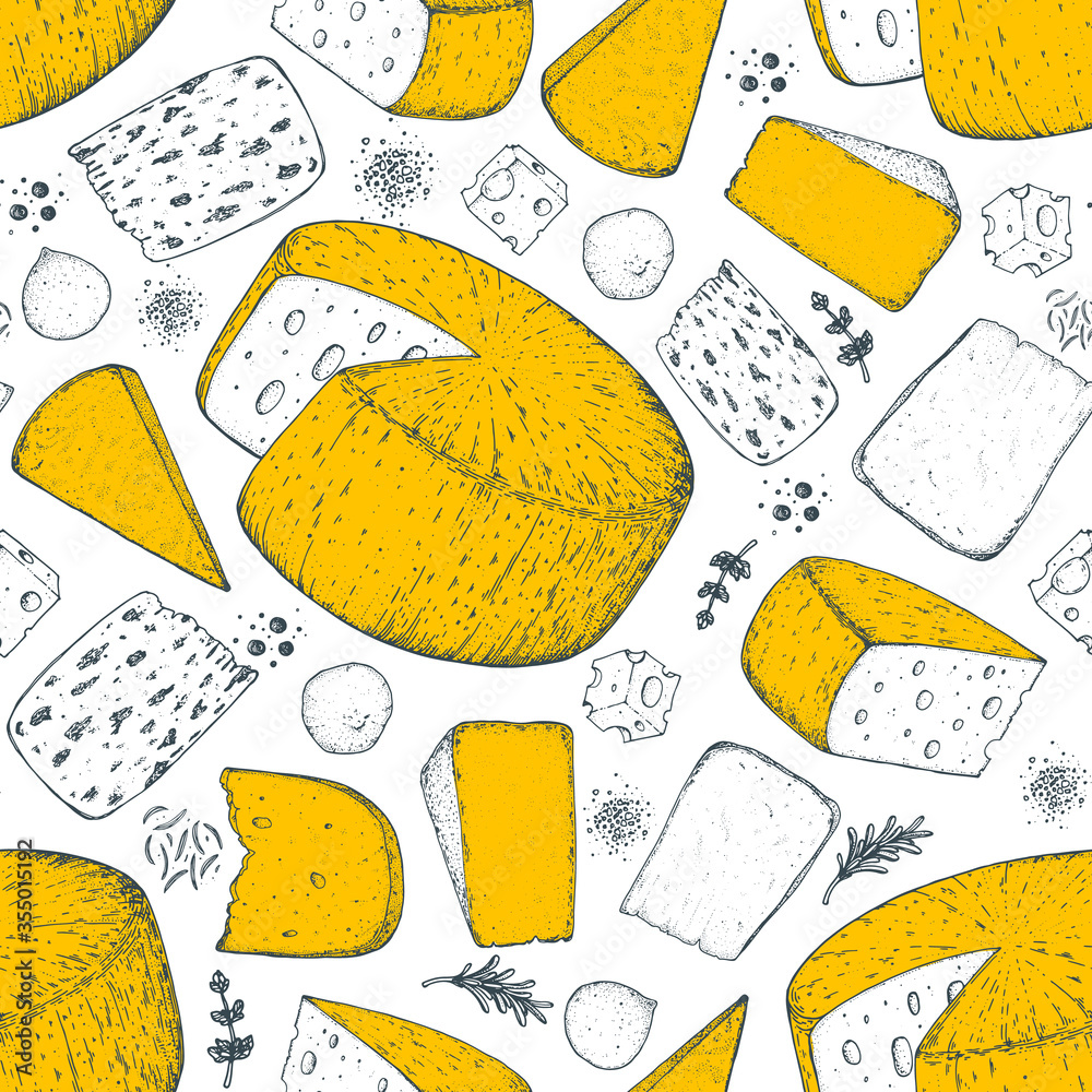 Cheese seamless pattern. Hand drawn vector illustration. Vintage food ...