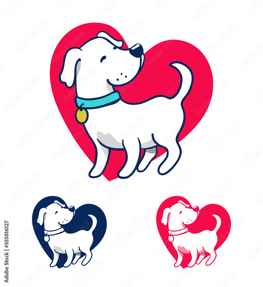 dog love logo vector illustration. cute little white dog and red heart ...