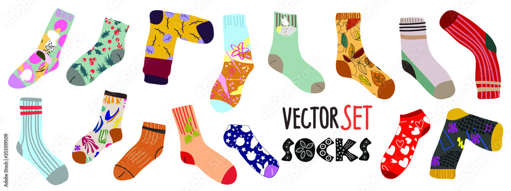 Big vector set. Stylish cotton and woolen socks with different textures ...