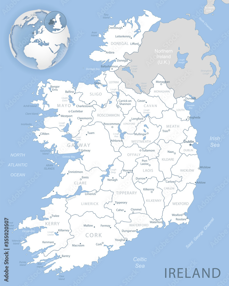 Blue-gray detailed map of Ireland administrative divisions and location ...
