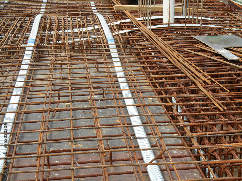 Hot-rolled deformed steel bars or steel reinforcement bar tied together ...