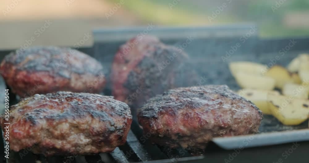 Chef Flip Juicy Meat Cutlets, Appetizing Meat Flows succulent, Using ...