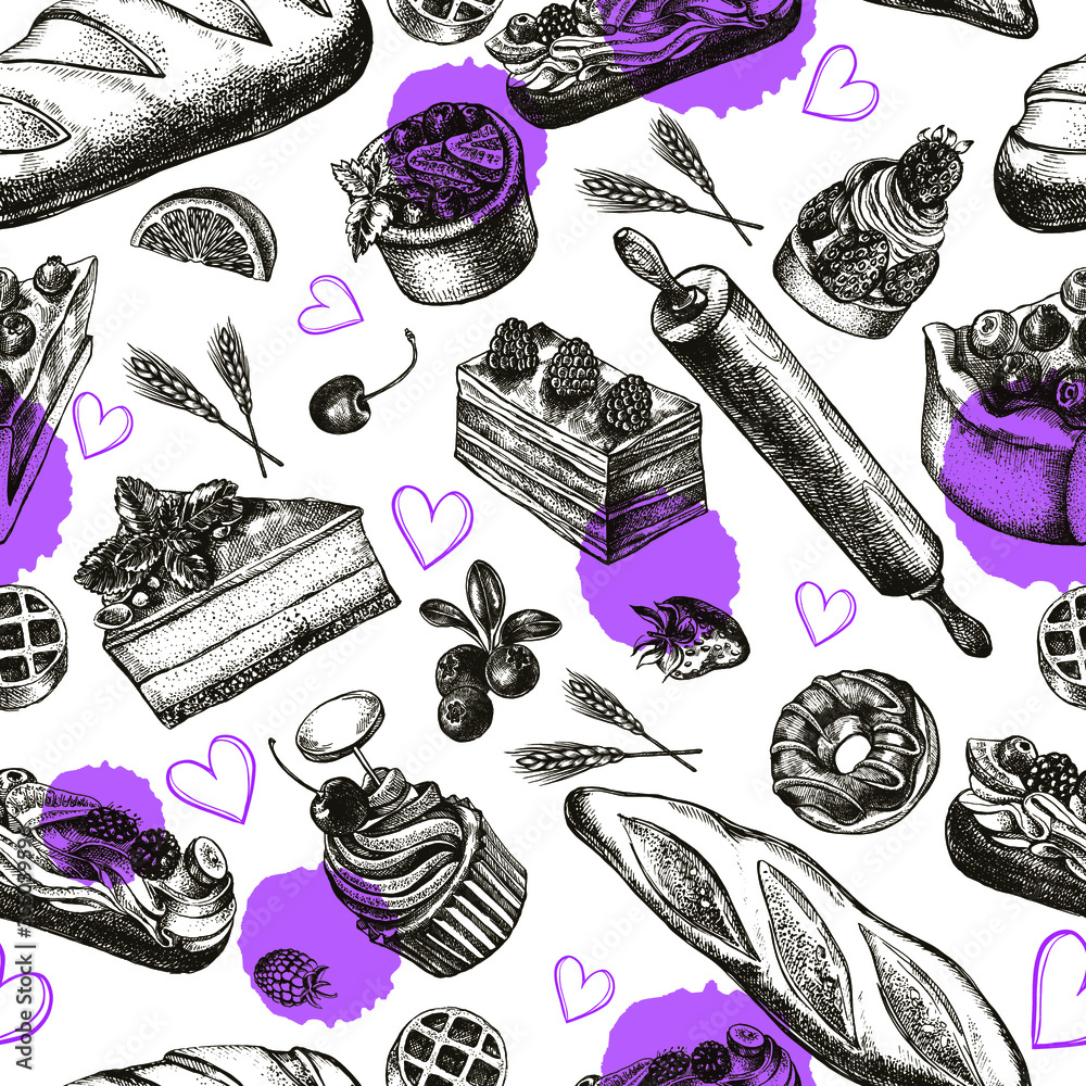 Decorative seamless pattern with Ink hand drawn cakes, pastries, bread ...