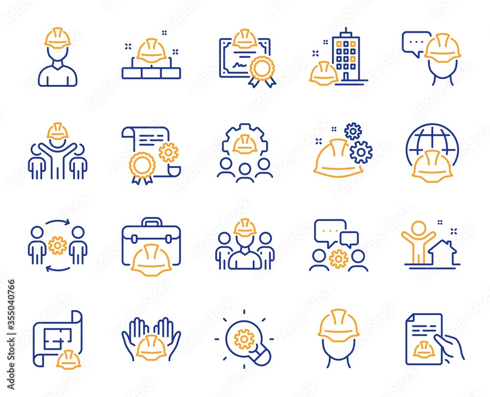 Engineering line icons. Teamwork, People and Technical documentation ...