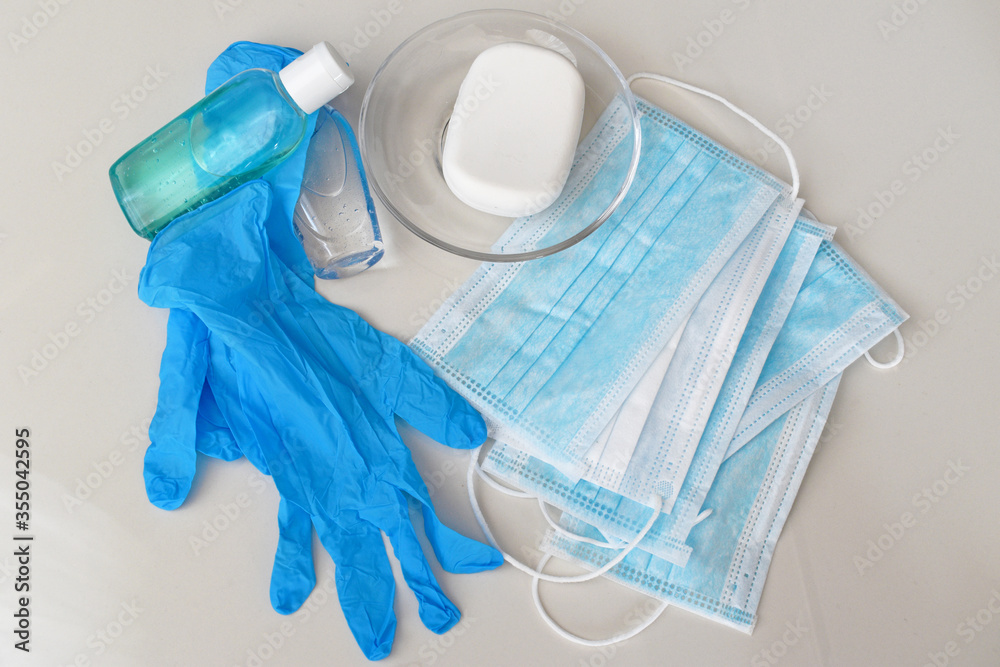 Covid-19 prevention concept background, rubber gloves, hand sanitizer ...