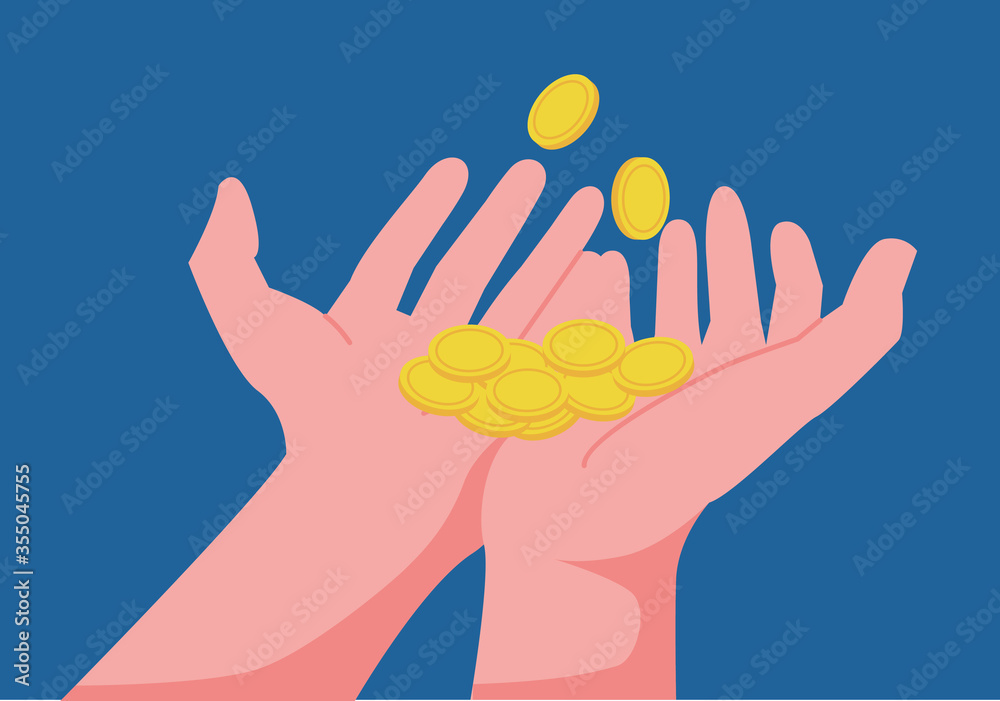 hands giving and recieving money coins. coins of falling money ...