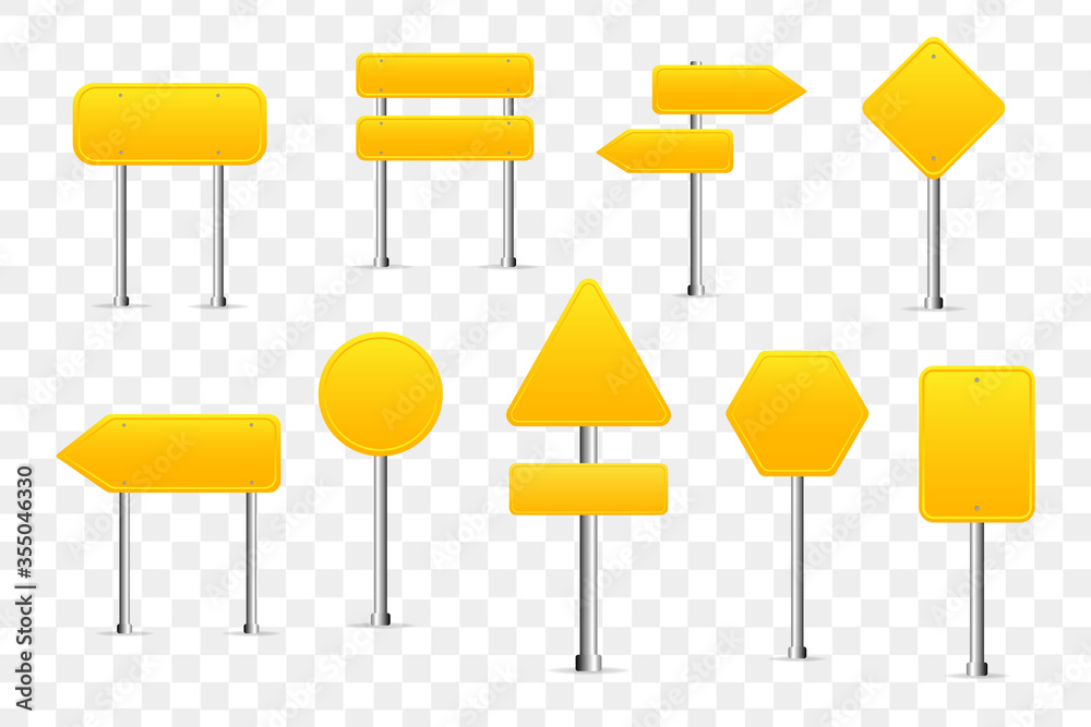 Yellow color road signs icon set. Vector illustration isolated on ...