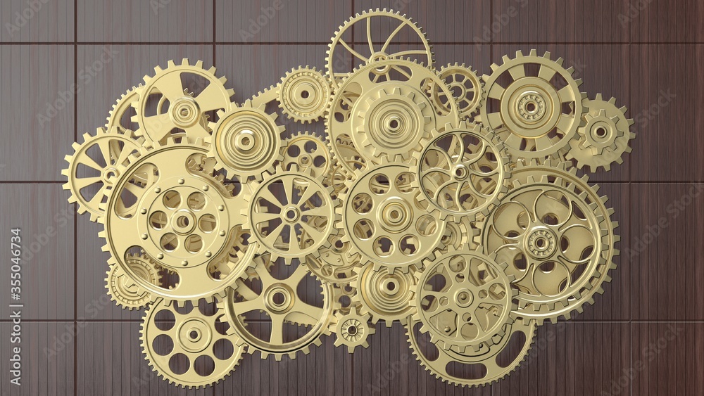 Mechanism gold gears and cogs at work on dark blown wood plate ...