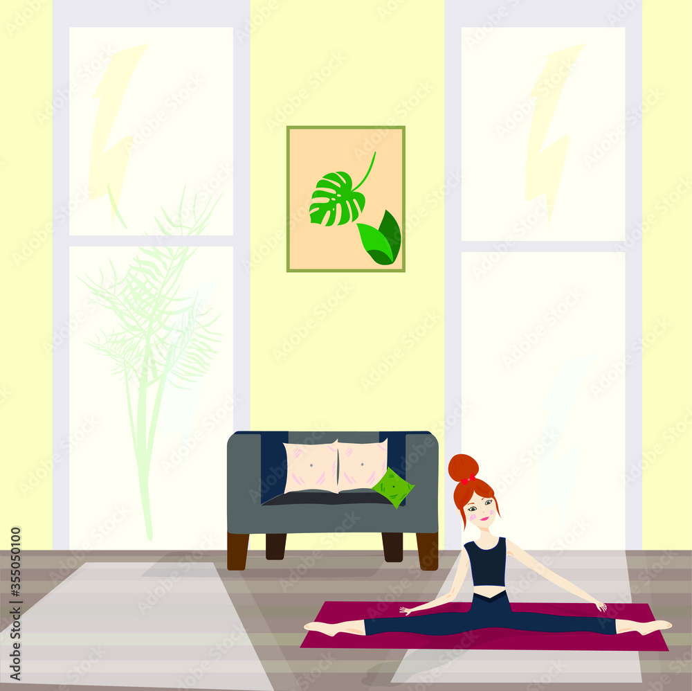 Girl doing the splits, yoga sport at home in her cozy apartment. Home ...