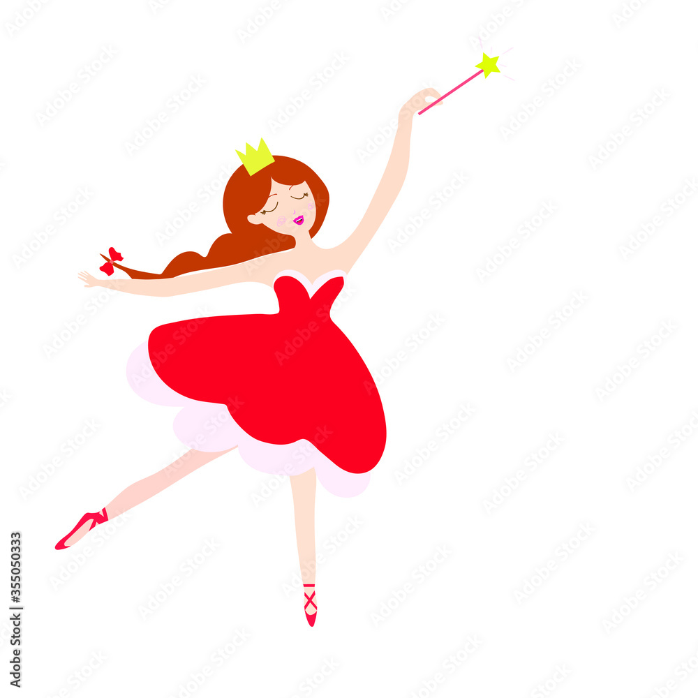 Princess ballerina in a red dress and long red hair with a magic wand ...
