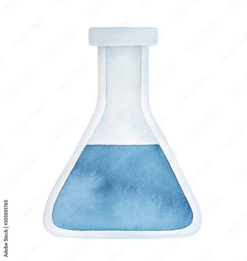 Water color illustration of glass beaker with navy blue substance. Hand ...
