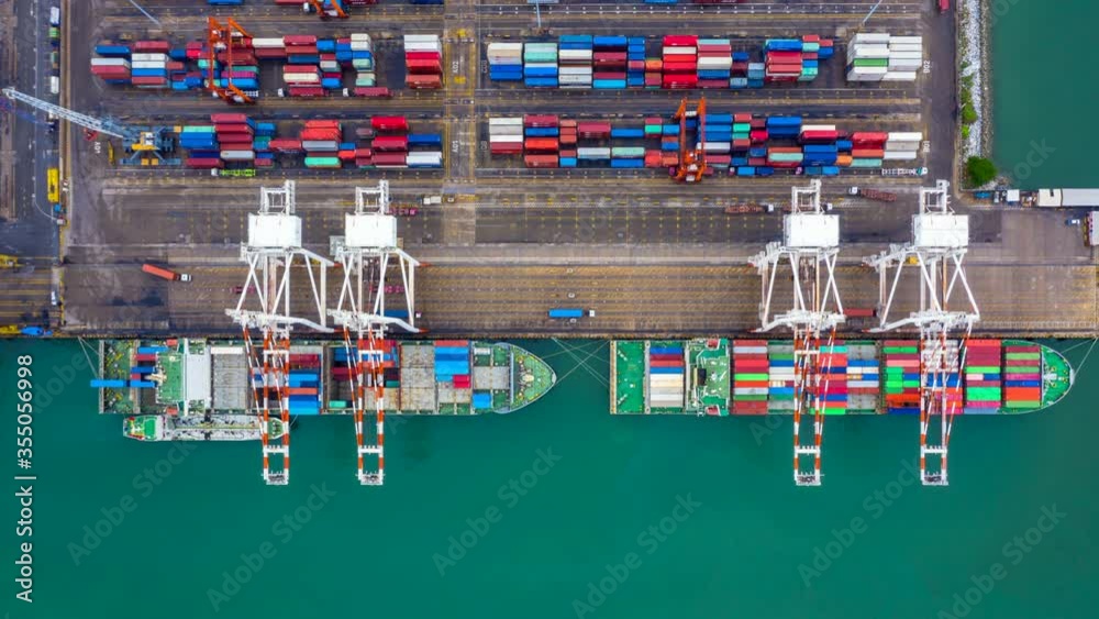 Time lapse 4K, Aerial top view Container cargo freight ship with ...