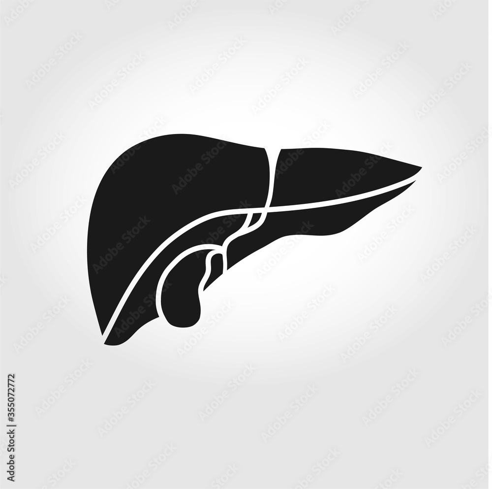 Icon of human liver with gallbladder. Black silhouette isolated over gradient gray background ...