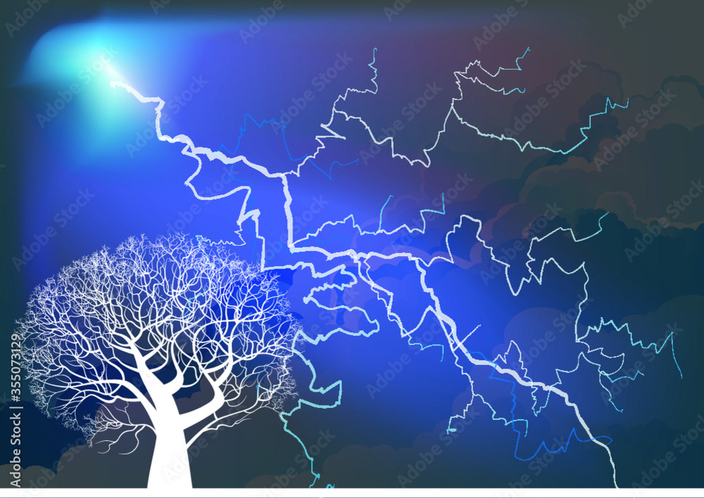 Dramatic thunderstorm with lightning arcing across a darkened cloudy ...