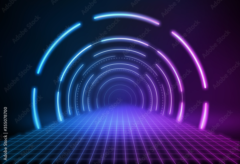 Color tunnel channel space constructed by glowing neon light lines ...