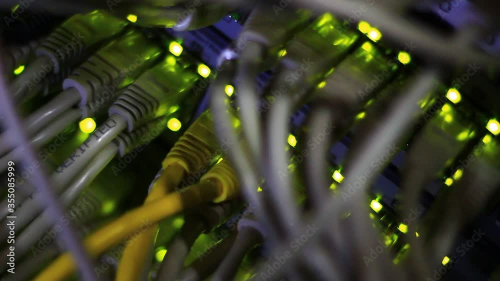 Working Ethernet switch close up. Blinking LED. 10/100/1000 Mpbs speed ...