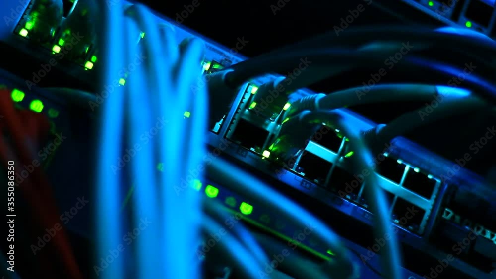 Working Ethernet switch close up. Blinking LED. 10/100/1000 Mpbs speed ...